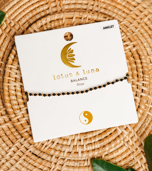 Lotus and Luna Balance Onyx Gold Anklet at EverydayYoga.com